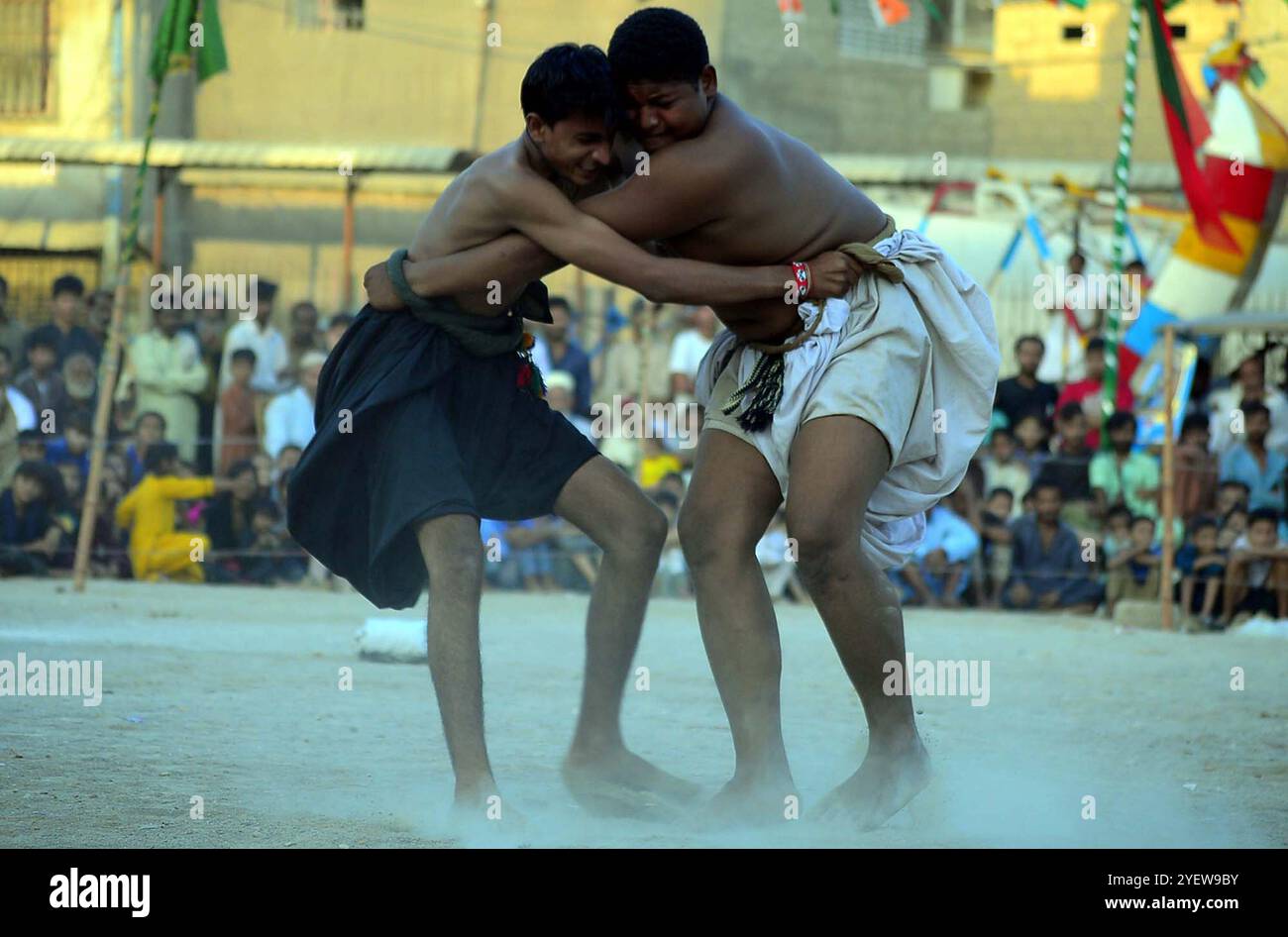 Wrestlers in action during the Sindh traditional wrestling Malh on the ...