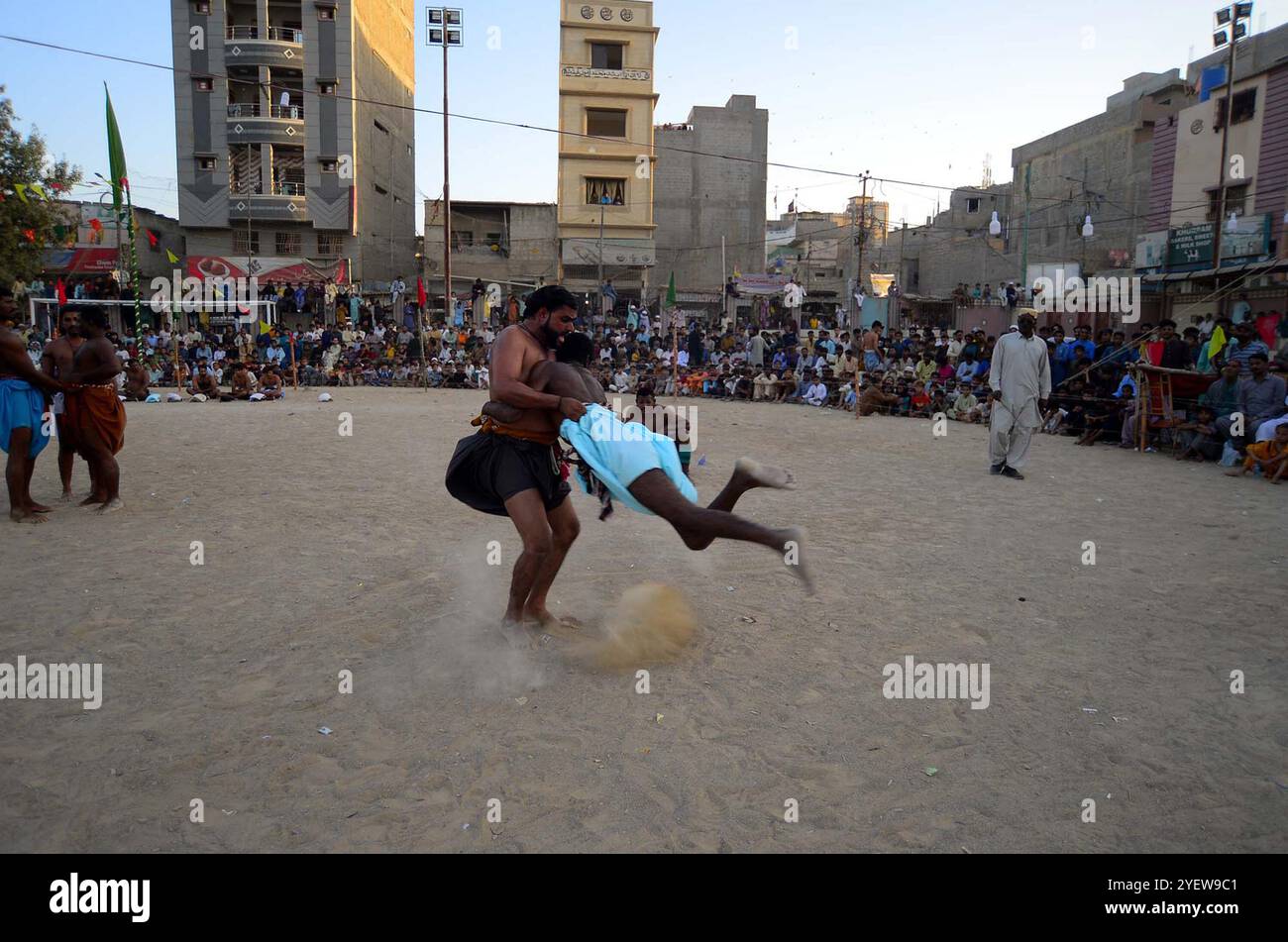 Wrestlers in action during the Sindh traditional wrestling Malh on the ...