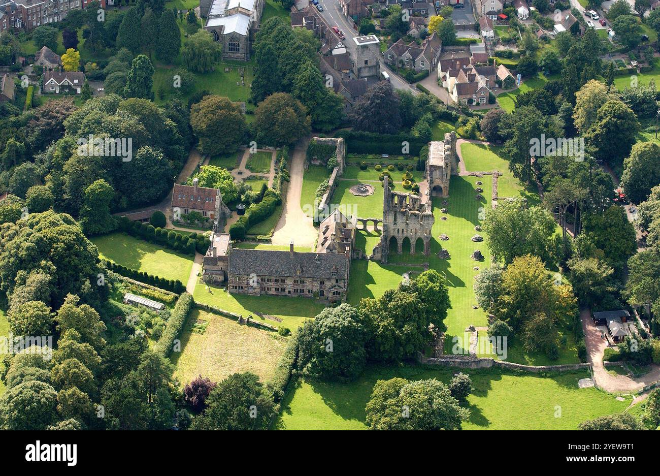 Aerial view of Wenlock Priory Abbey ruins in Much Wenlock Shropshire ...