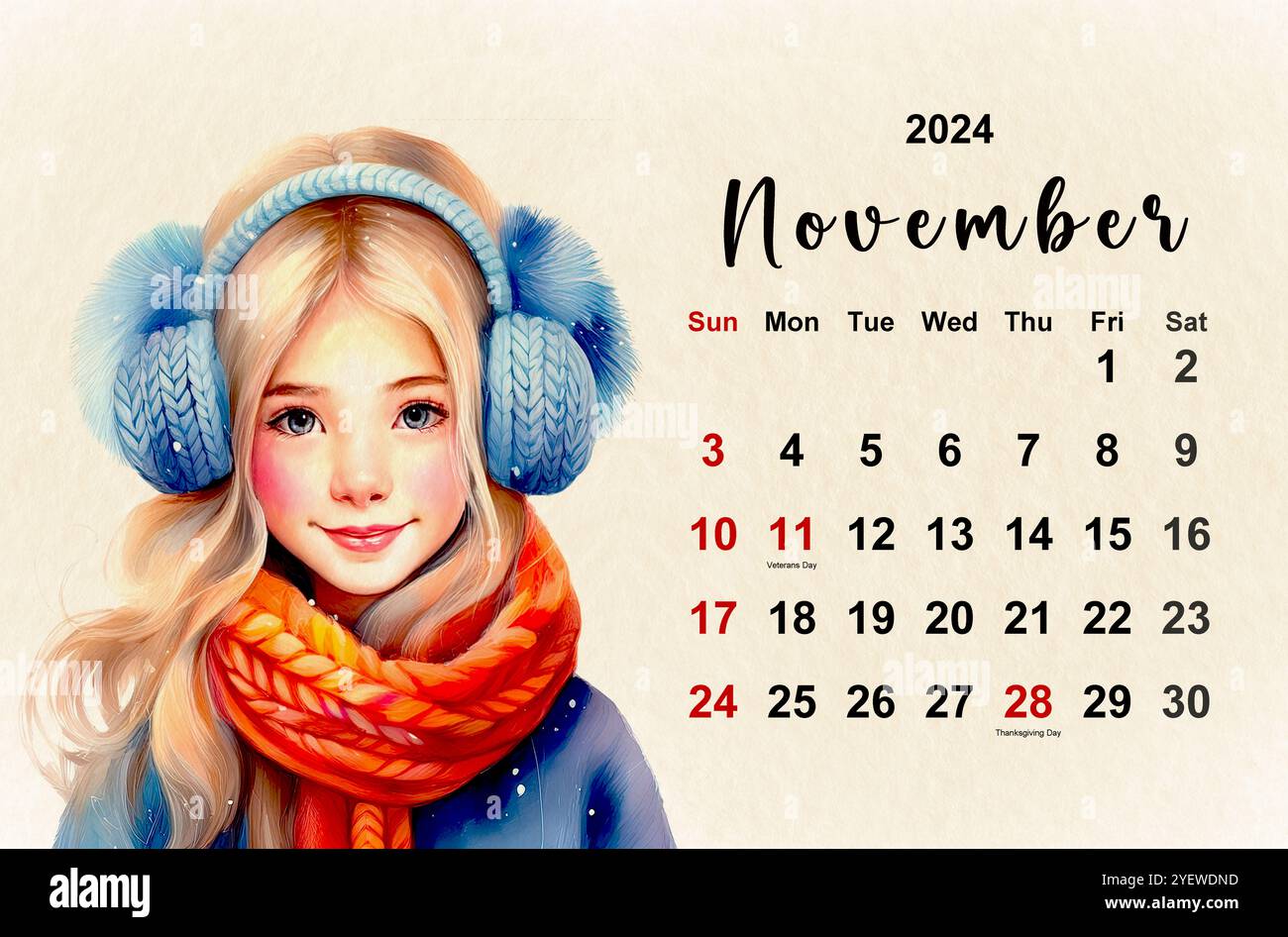 November calendar for 2024 with a watercolour representation of a girl ...