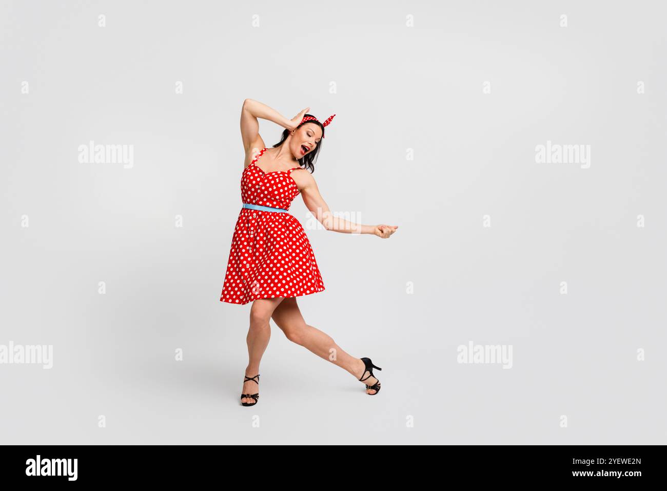 Full body photo of attractive woman boogie woogie enjoy holiday dressed ...
