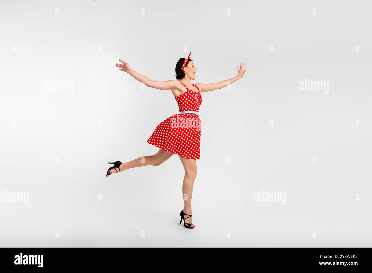 Full body photo of attractive woman dancing have fun enjoy holiday ...