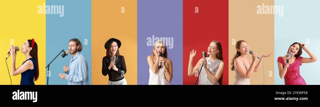 Set of singing people with microphones on color background Stock Photo ...