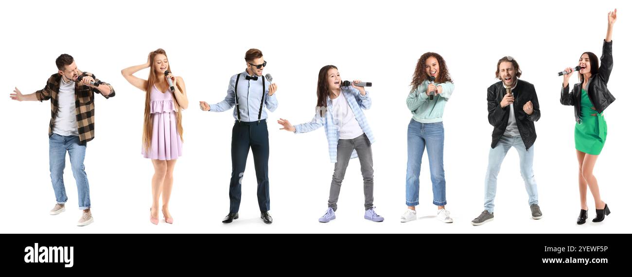 Set of singing people with microphones on white background Stock Photo ...