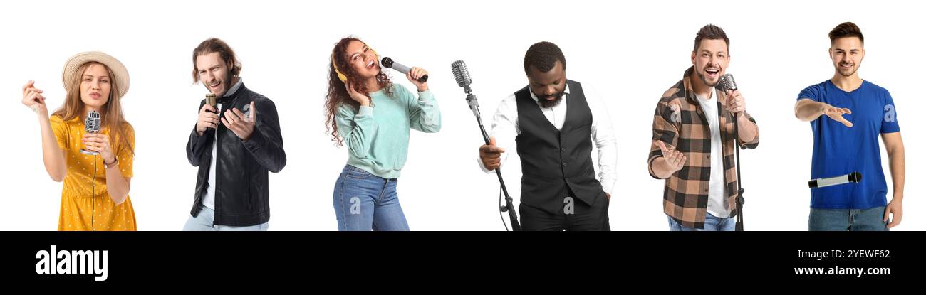 Set of singing people with microphones on white background Stock Photo ...