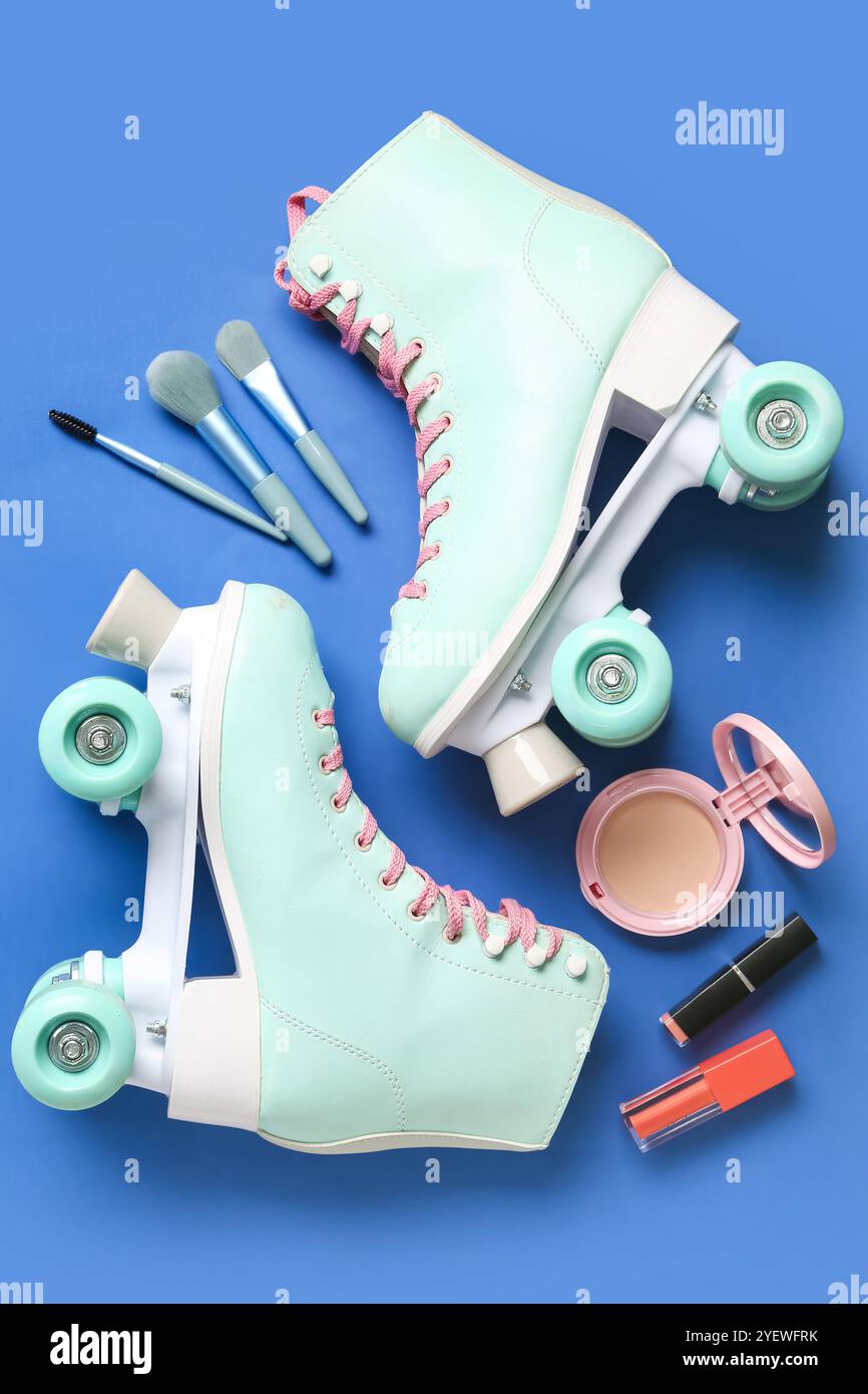 Composition with pair of vintage roller skates and cosmetic products on ...