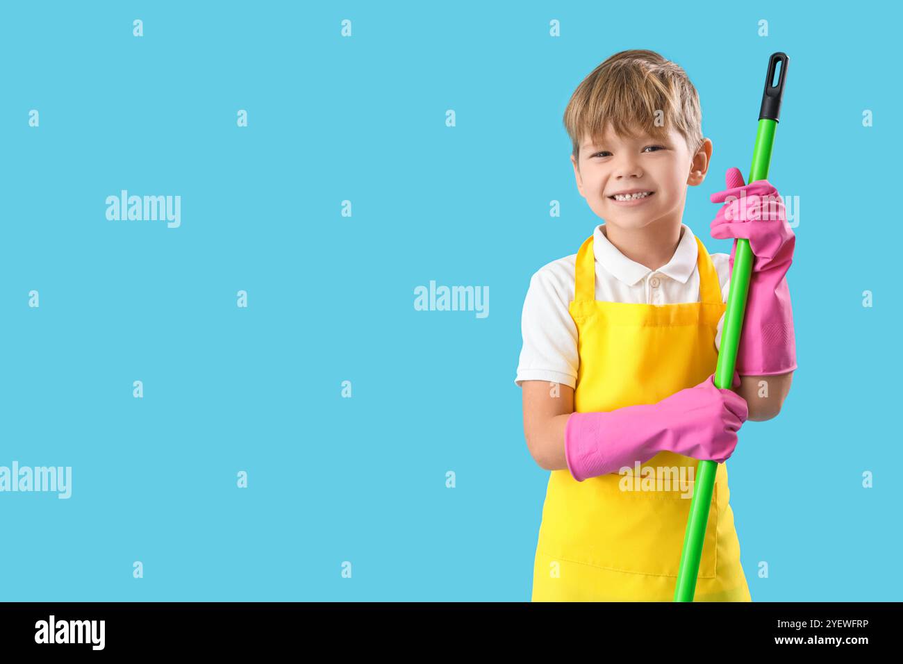 Cute little janitor with mop on blue background. Opposite Day ...