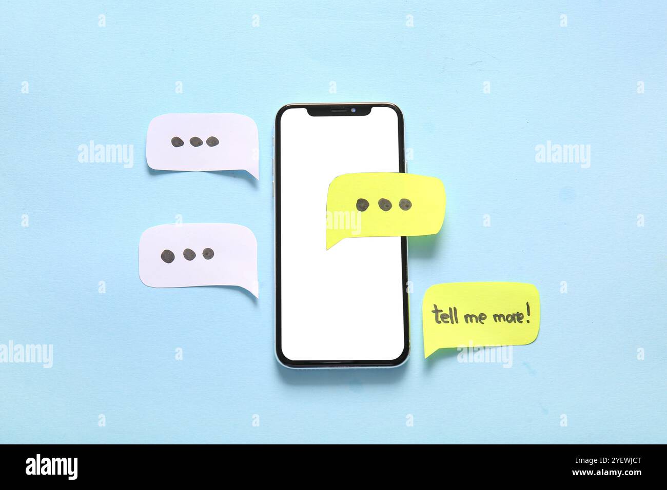 Mobile phone and speech bubbles with text TELL ME MORE on blue ...