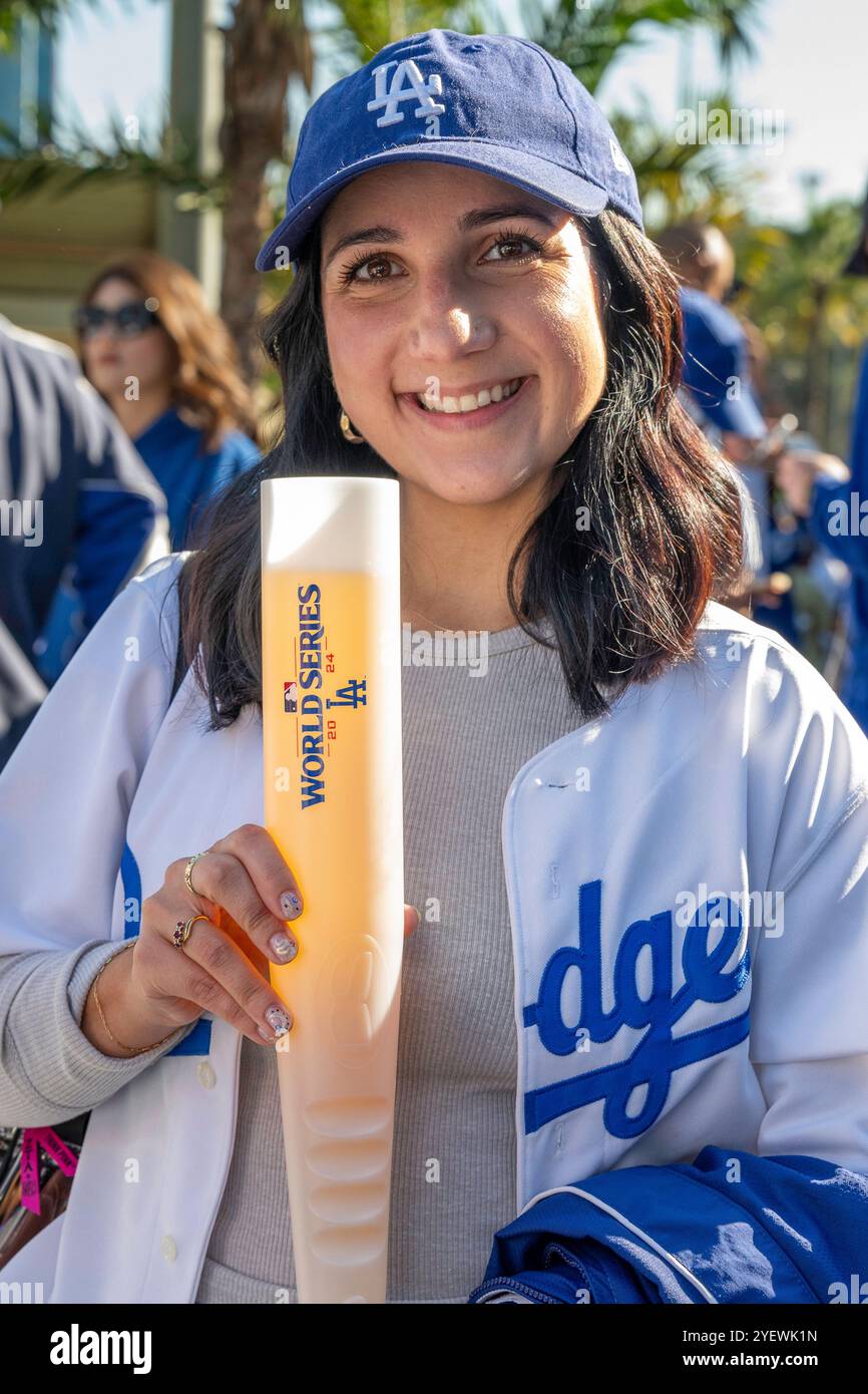 November 1, 2024, Los Angeles, California, USA: A fan with a beer at the Los Angeles Dodgers ...