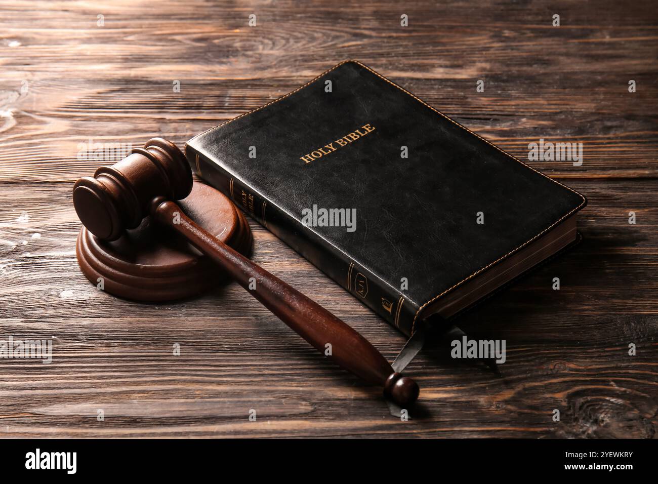 Holy Bible and judge's gavel on wooden background Stock Photo - Alamy