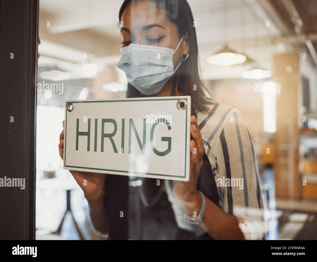 Recruitment, sign and person by door of business for announcement, info ...