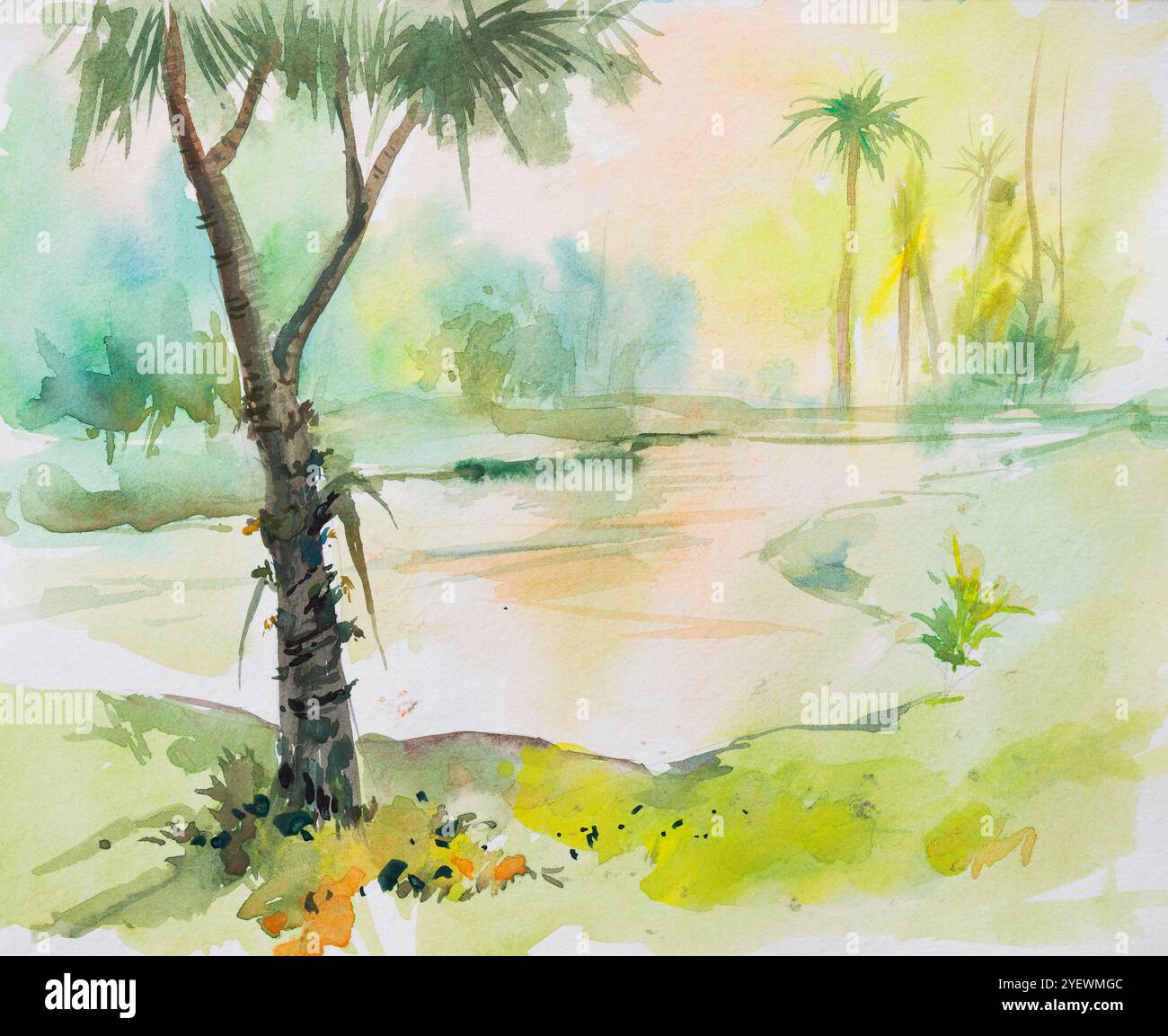 Nice scenery of a park. Bright daytime watercolor painting of sky, lake ...