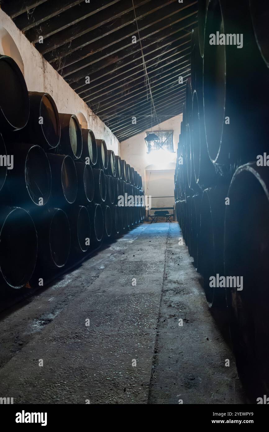 Solera systems in old Andalusian wine cellar, process for aging sherry ...