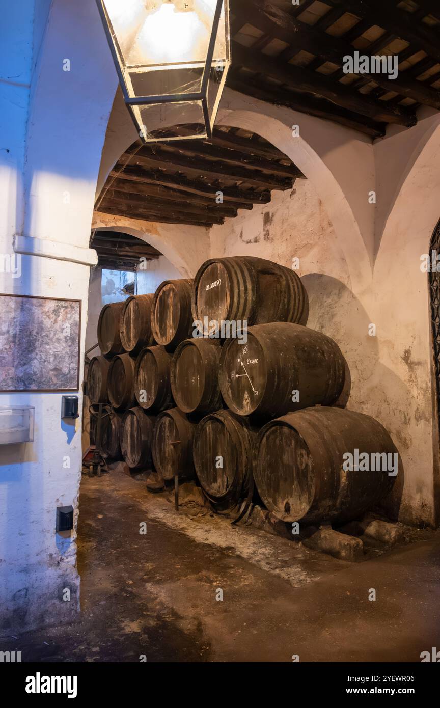 Solera systems in old Andalusian wine cellar, process for aging sherry ...