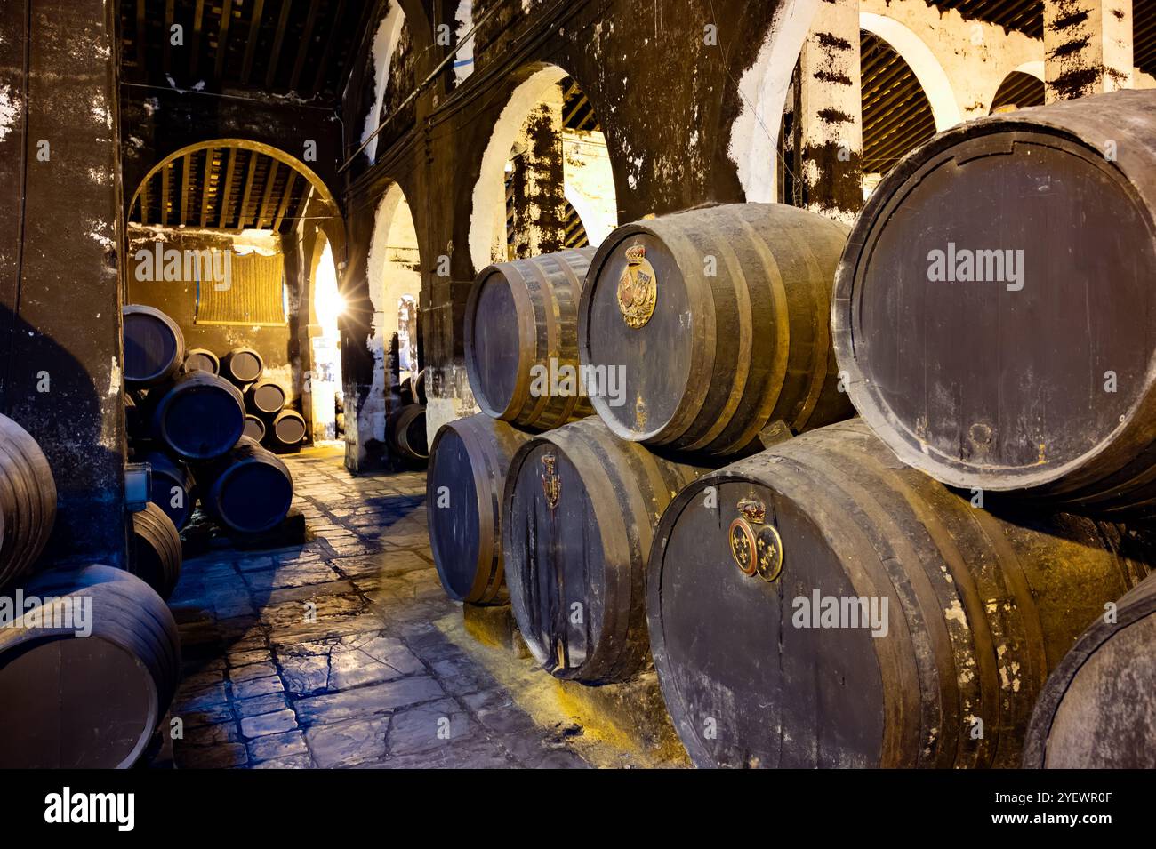 Solera system in old bodega, Andalusian wine cellar, process for aging ...