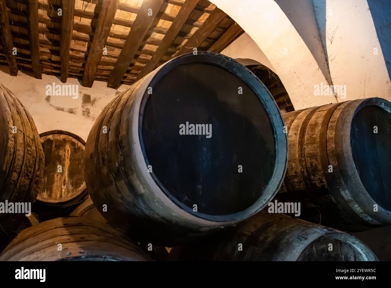 Solera systems in old Andalusian wine cellar, process for aging sherry ...