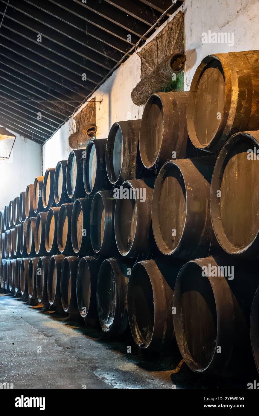 Solera systems in old Andalusian wine cellar, process for aging sherry ...