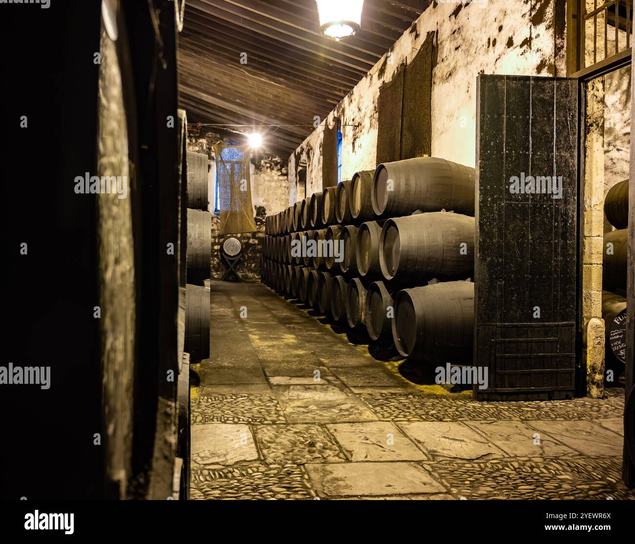 Solera system in old bodega, Andalusian wine cellar, process for aging ...