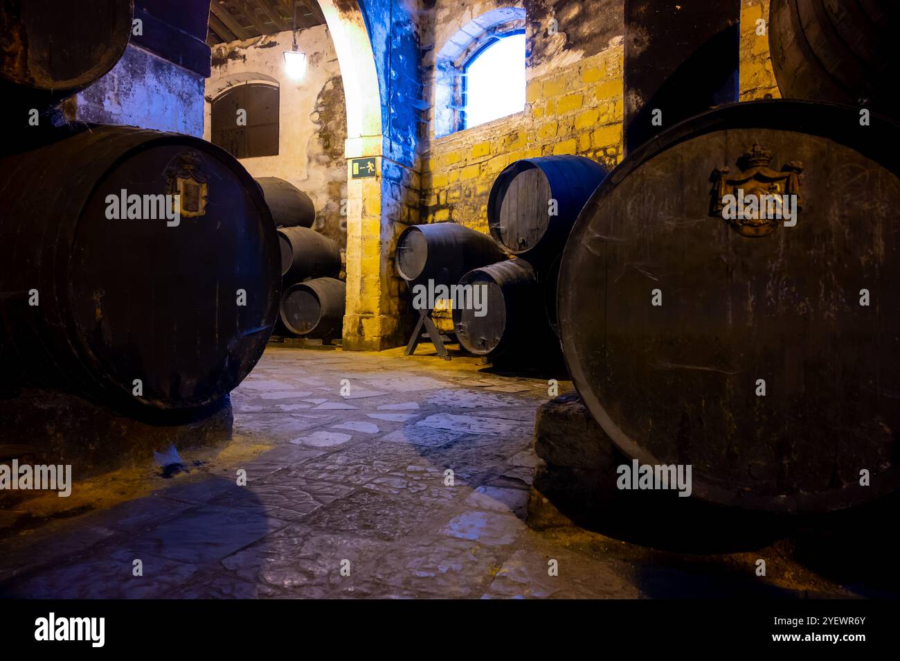 Solera system in old bodega, Andalusian wine cellar, process for aging ...