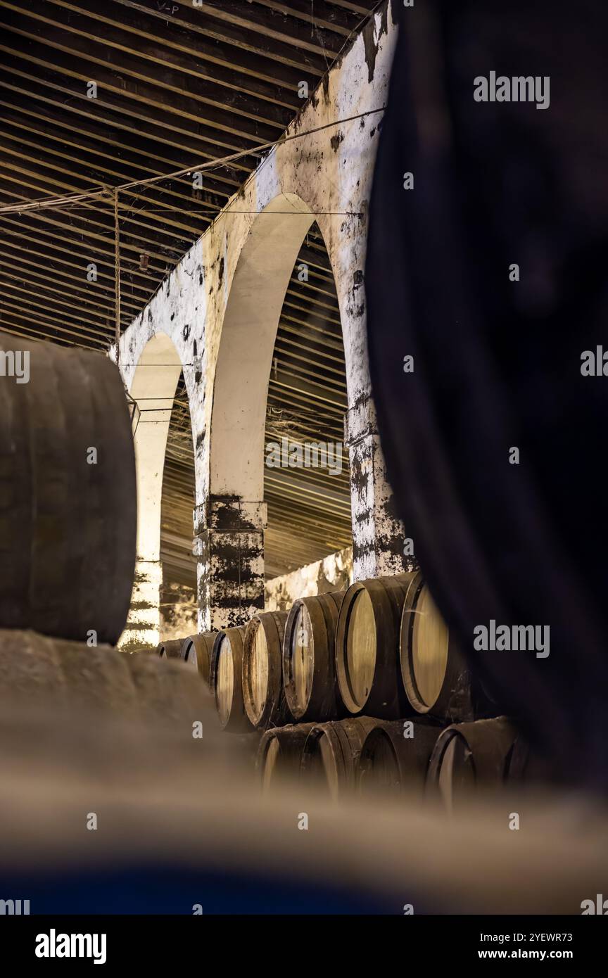 Solera system in old bodega, Andalusian wine cellar, process for aging ...