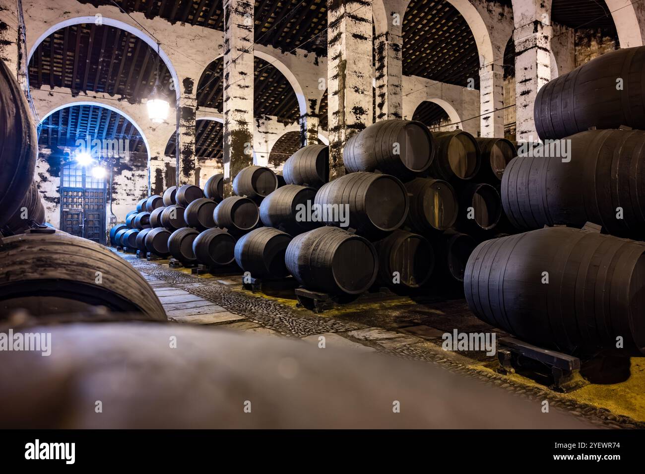 Solera system in old bodega, Andalusian wine cellar, process for aging ...