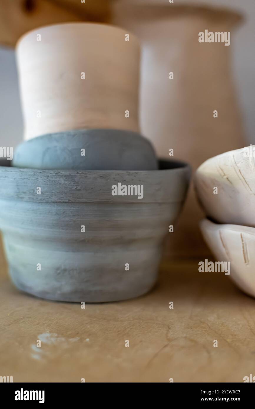 Samples of ceramic art objects and tabelware made on workshop in art ...