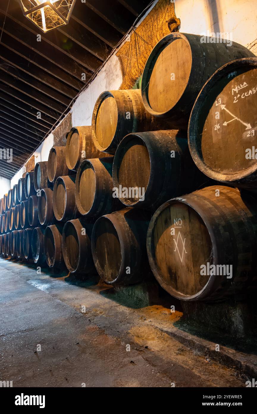 Solera systems in old Andalusian wine cellar, process for aging sherry ...