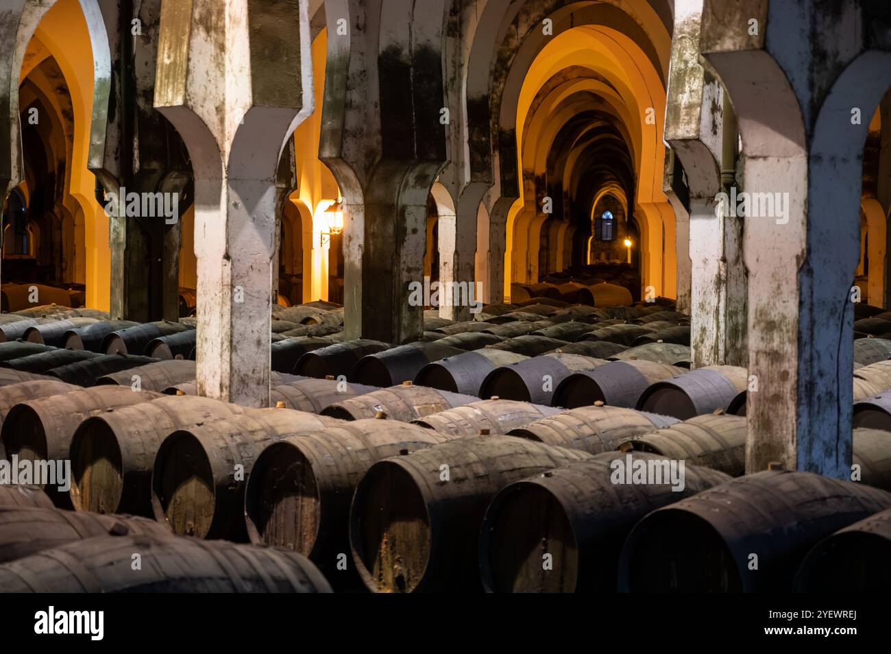 Solera system in old bodega, Andalusian wine cellar, process for aging ...