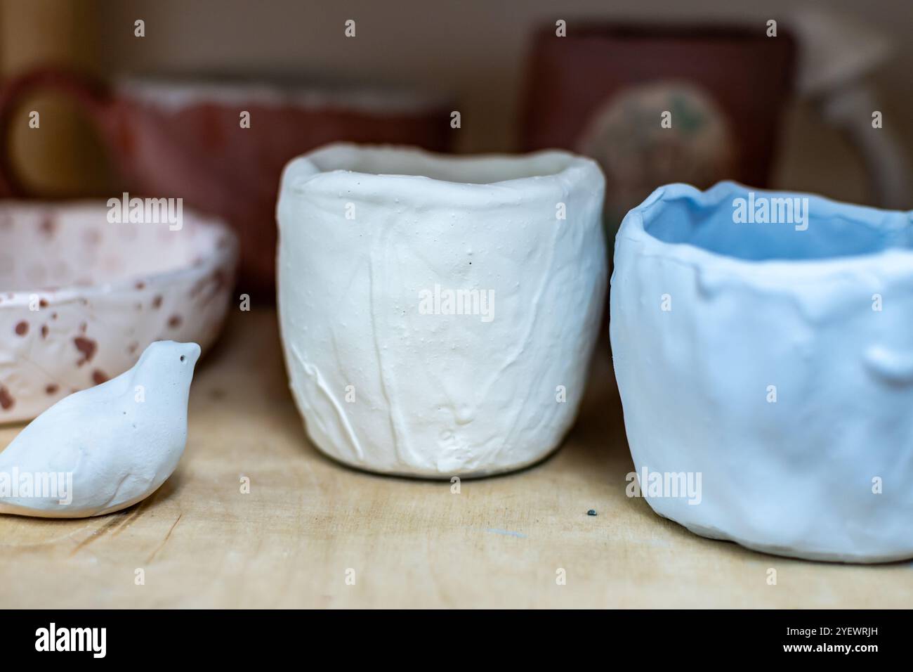 Samples of ceramic art objects and tabelware made on workshop in art ...