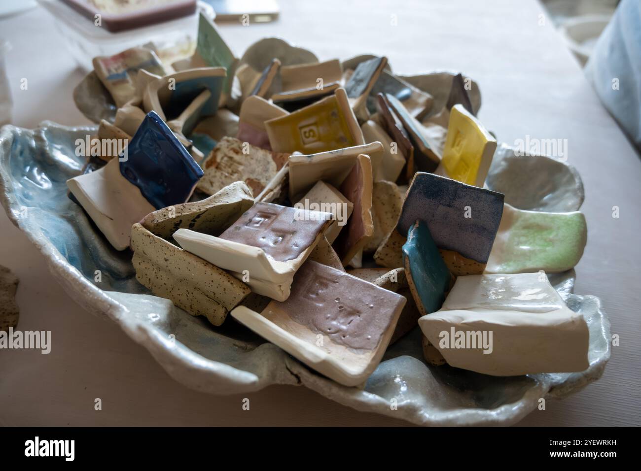 Samples of ceramic art objects and tabelware made on workshop in art ...