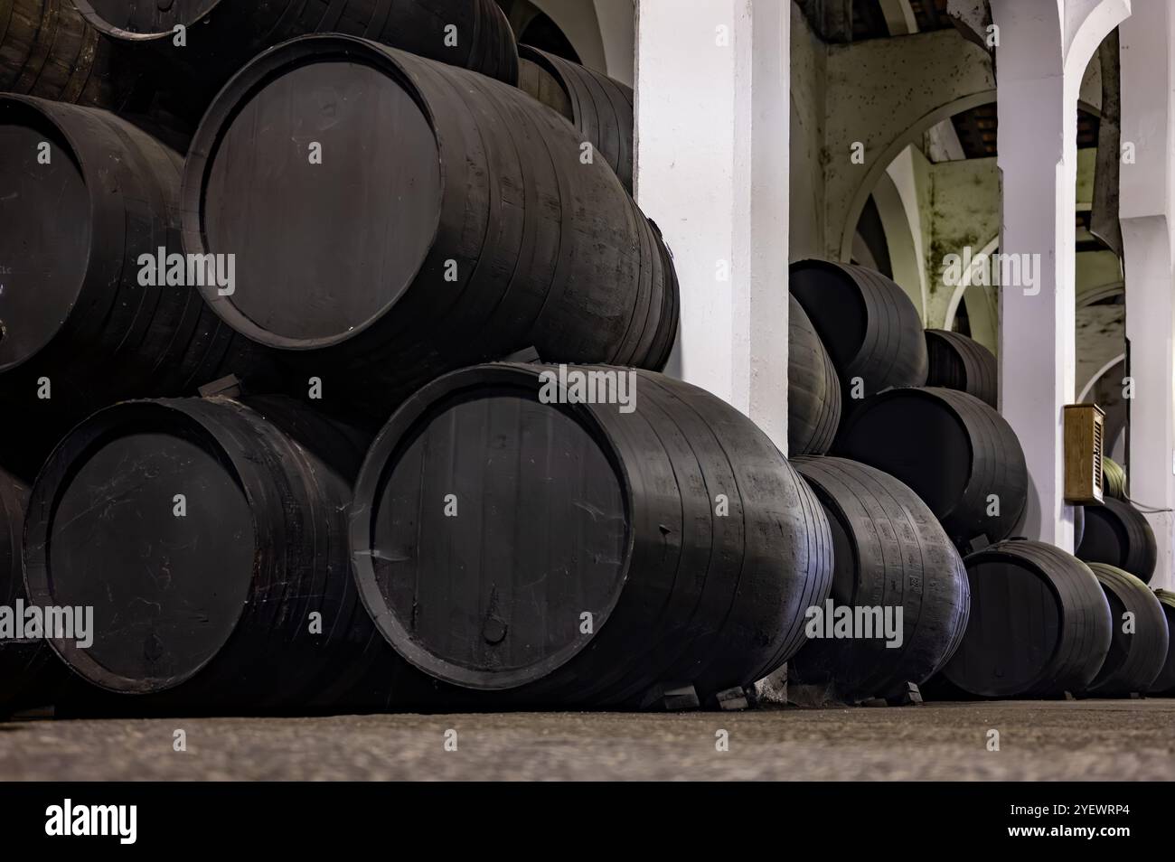 Solera system in old bodega, Andalusian wine cellar, process for aging ...