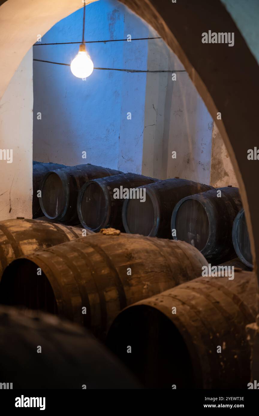 Solera systems in old Andalusian wine cellar, process for aging sherry ...