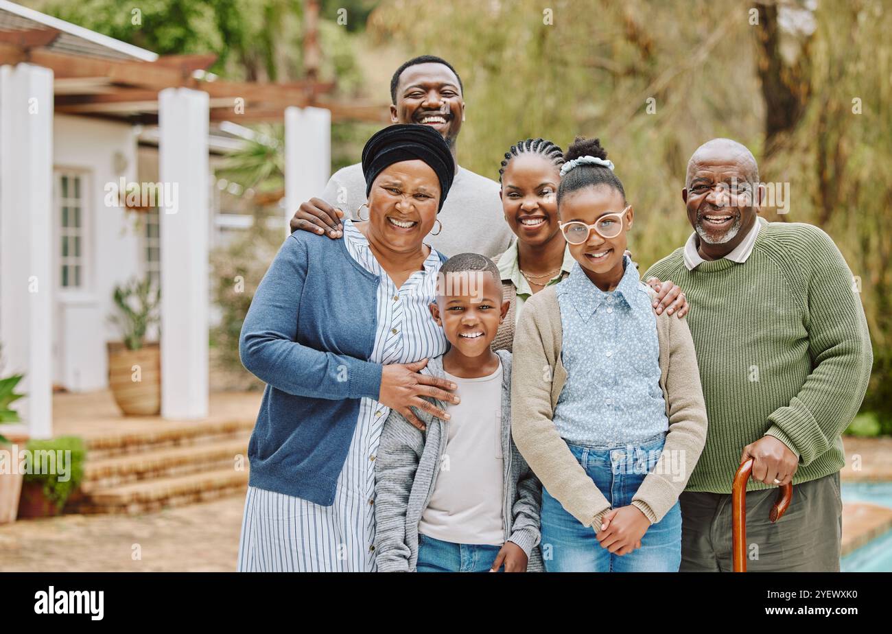 Happy, generations and portrait of black family in backyard of new home ...