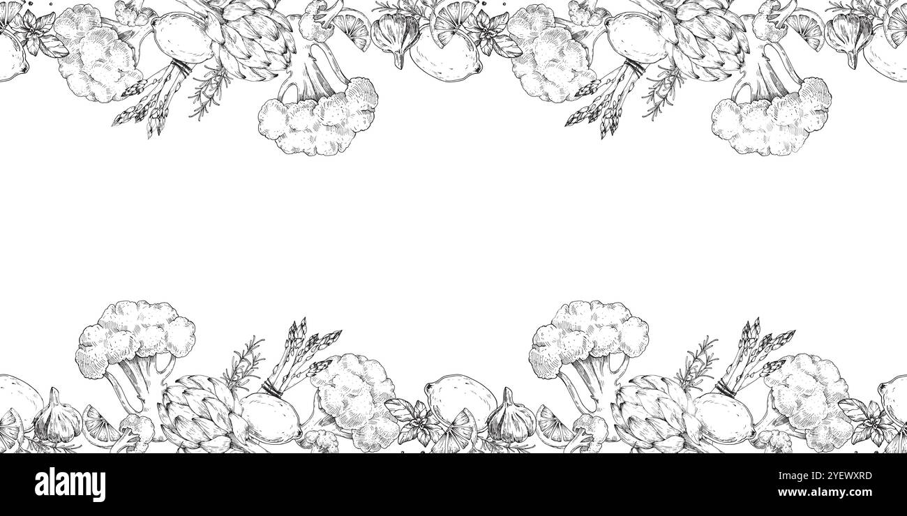 Artichoke, broccoli, asparagus, lemon, garlic and pepper hand drawn ink ...