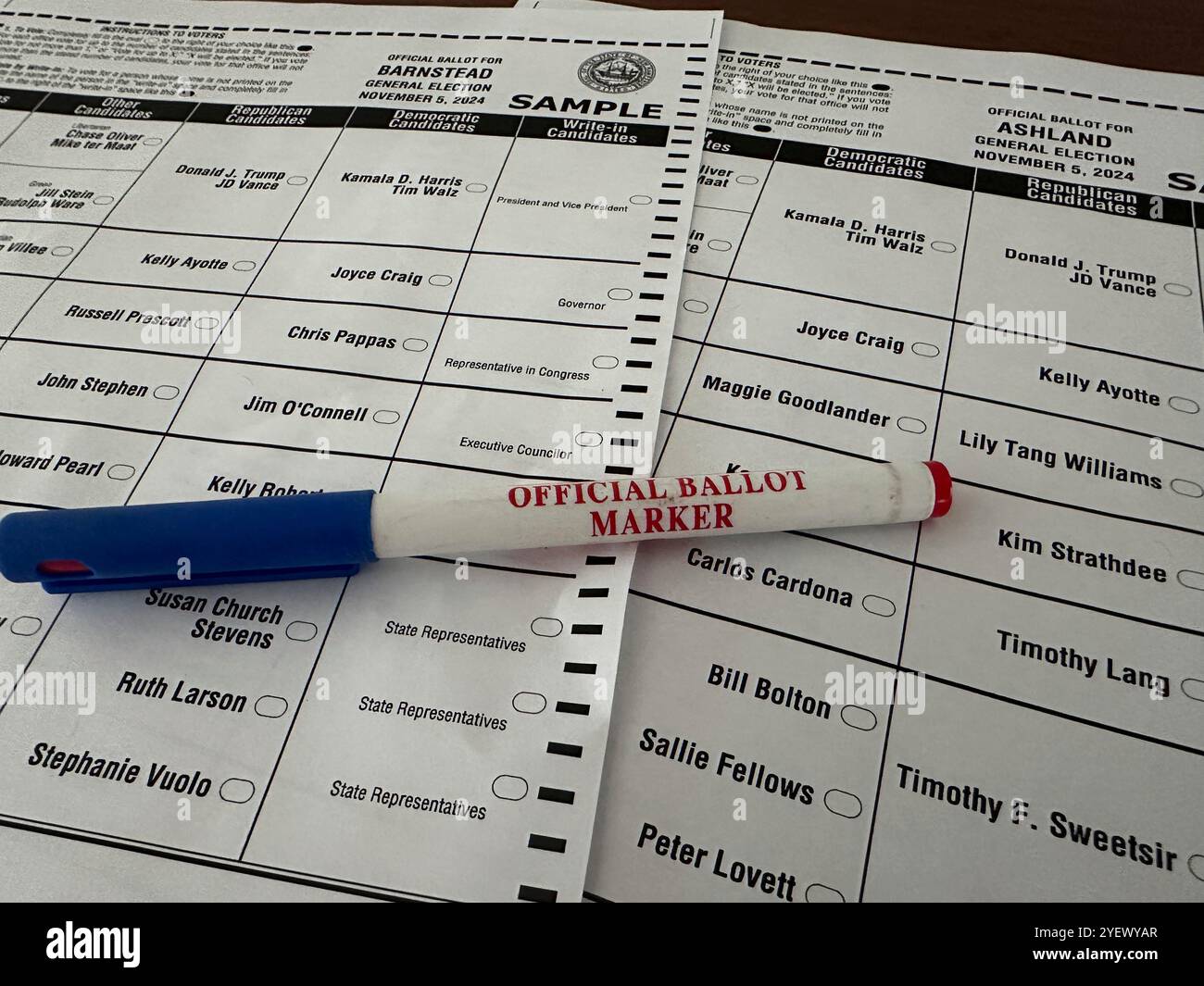 A ballot marker rests on sample ballots provided by the New Hampshire ...
