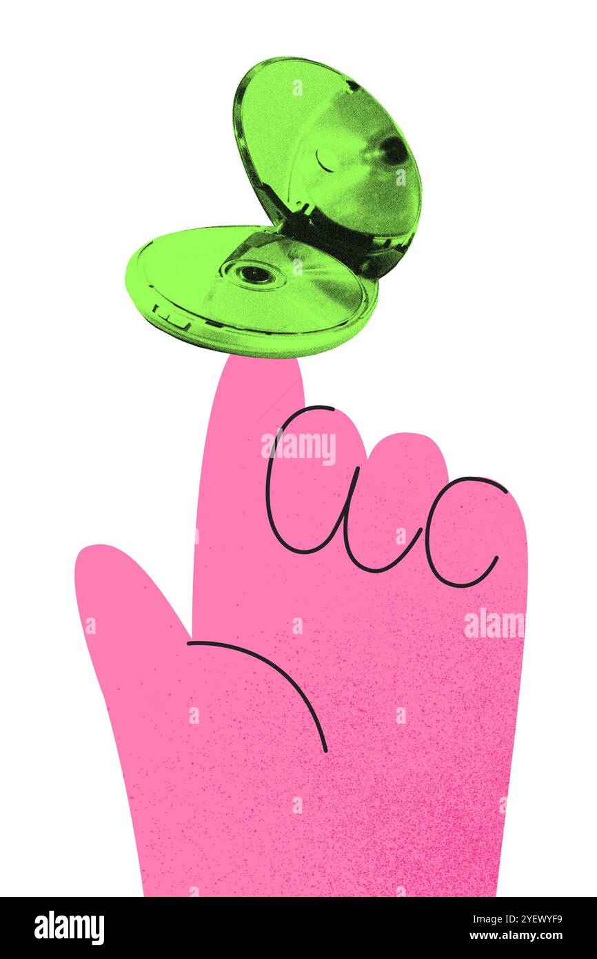 Contemporary art collage. Open green disc player balanced on pink ...