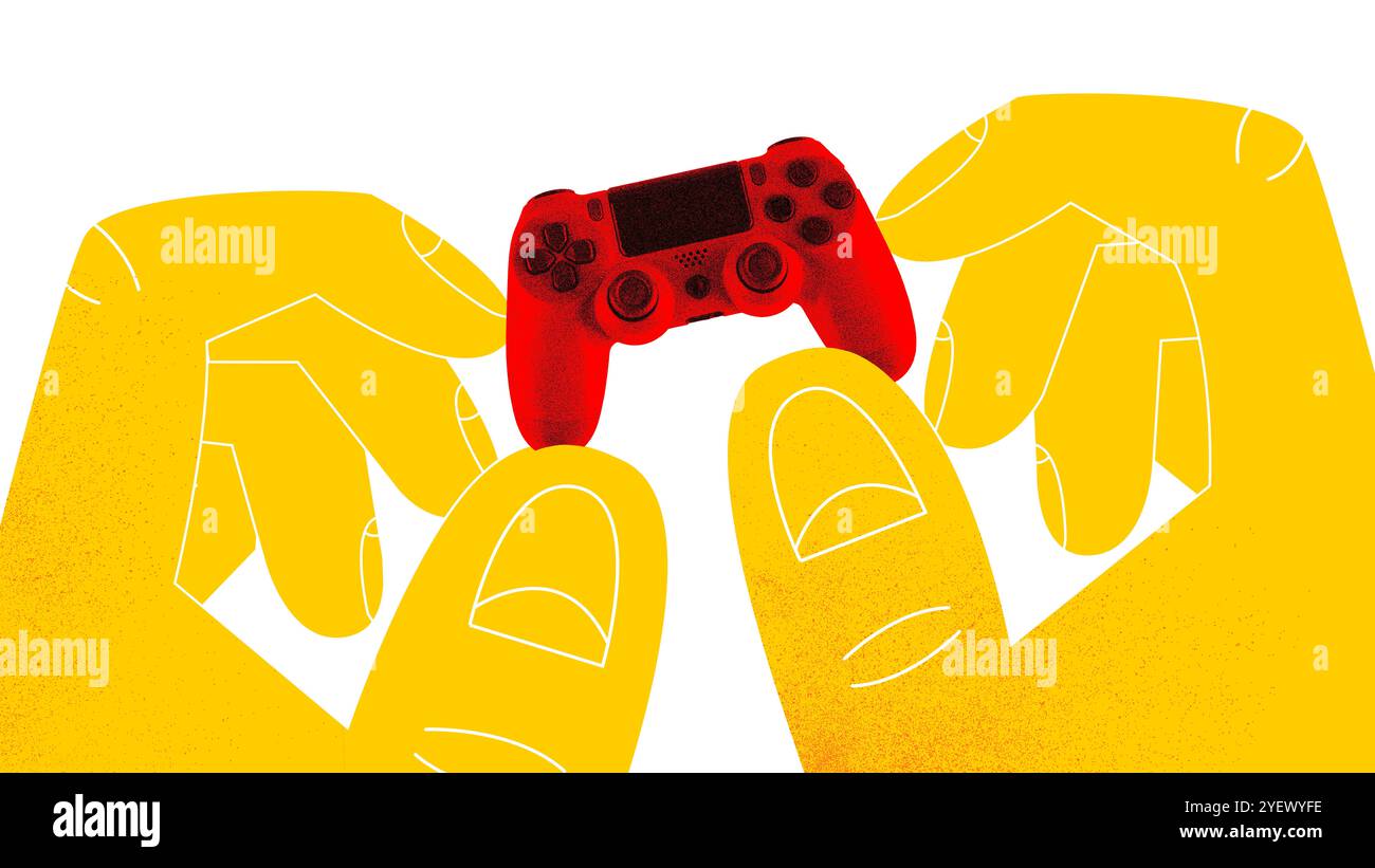 Contemporary art collage. Two yellow hands with red gaming controller ...