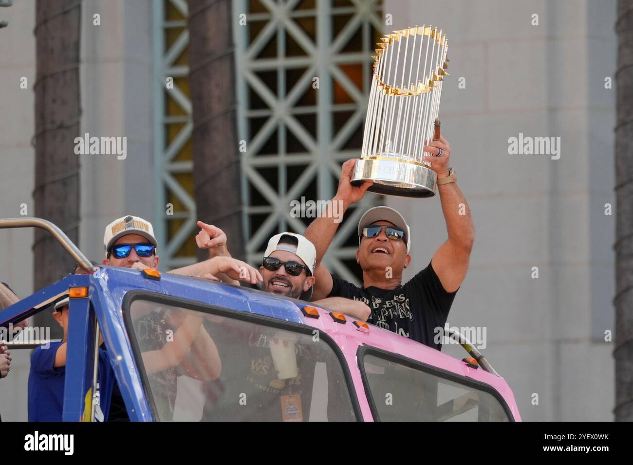 Los Angeles Dodgers manager Dave Roberts hold the World Series trophy ...