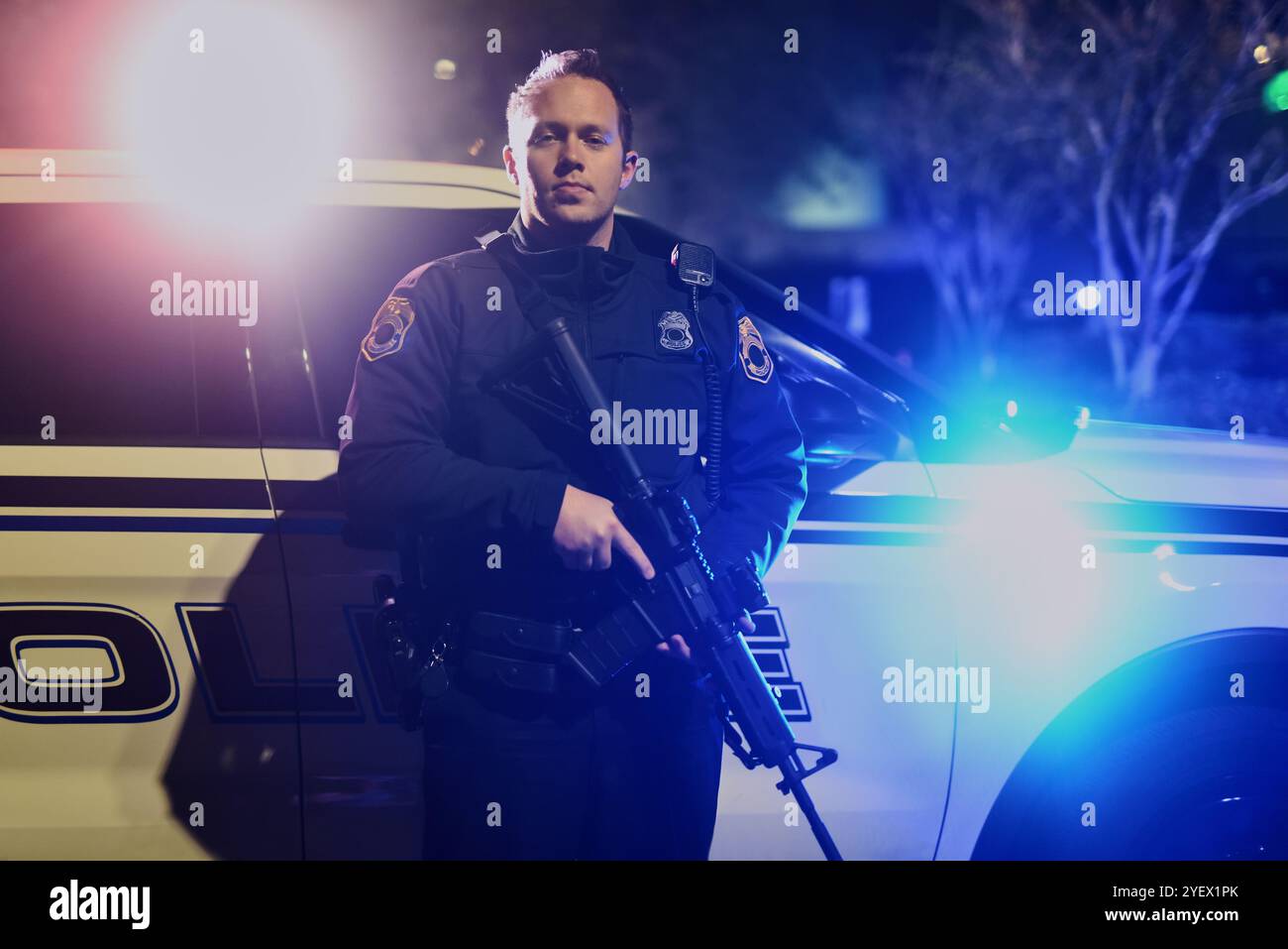 Police officer, portrait and rifle for protection service by vehicle at ...
