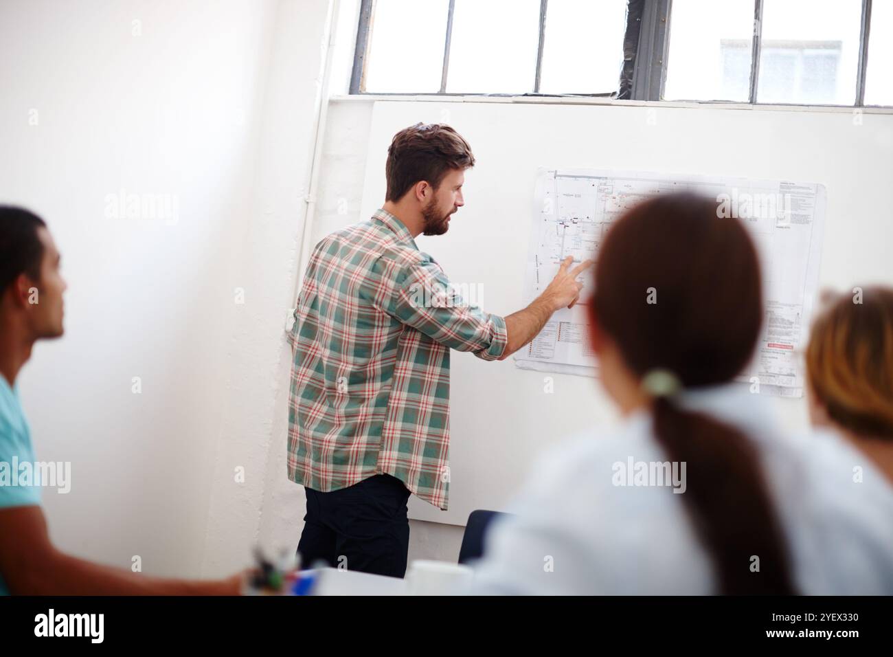 Engineering, board or people in presentation for blueprint, teamwork or ...