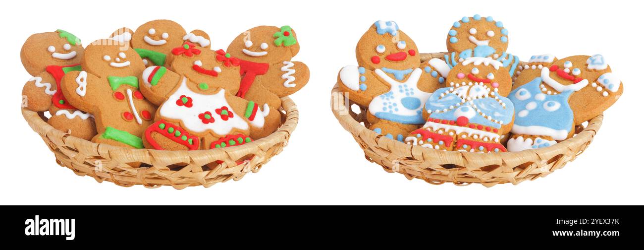 christmas gingerbread cookie in a wicker basket isolated on white ...