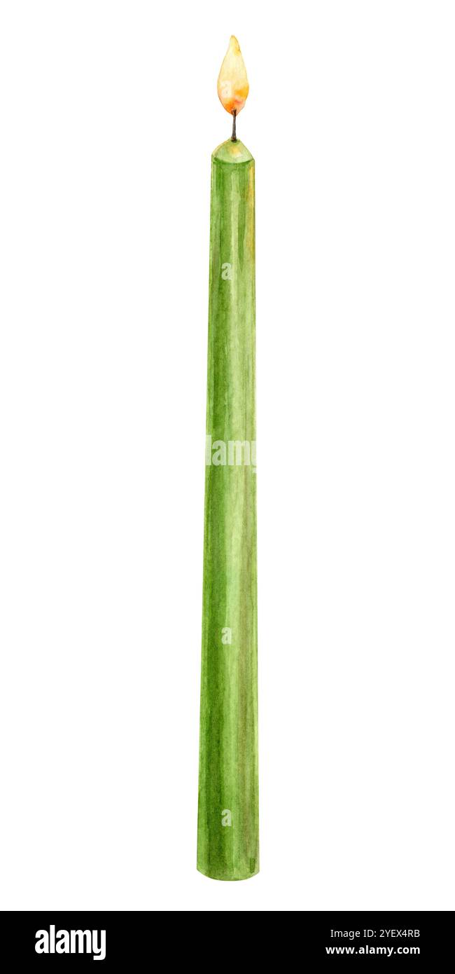 Green candle single with burning flame. Hand drawn watercolor Kwanzaa ...