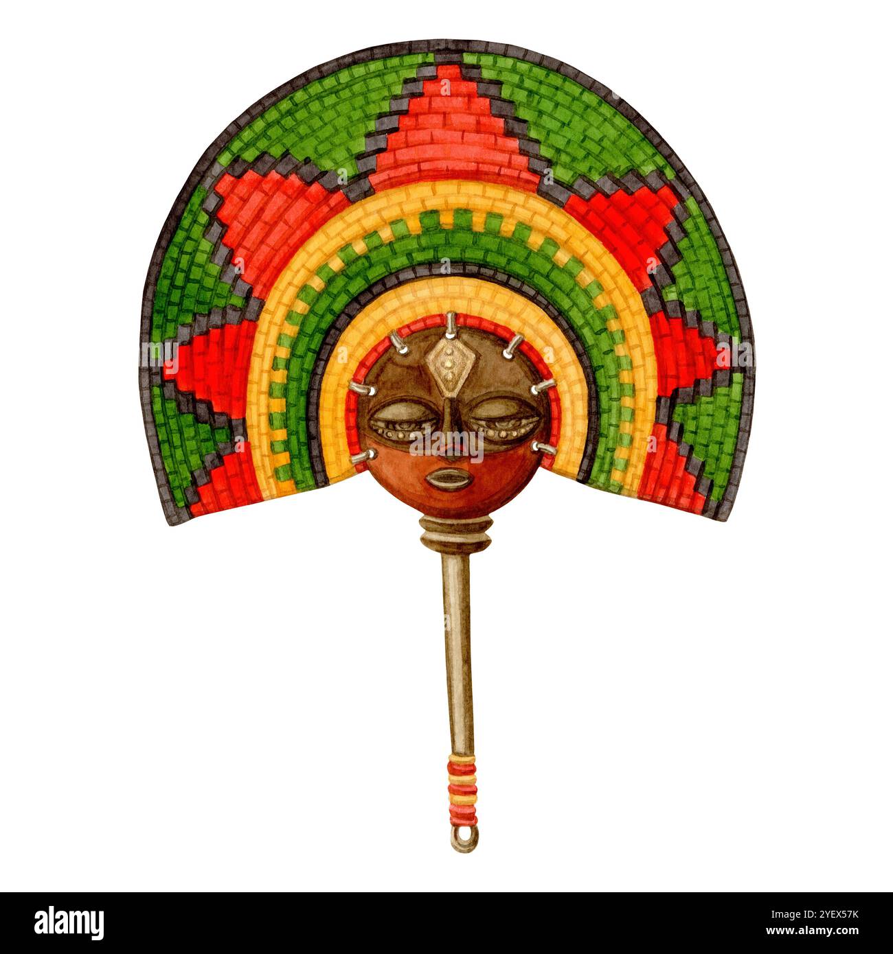 African hand woven fan colorful with wooden face mask. Hand drawn ...