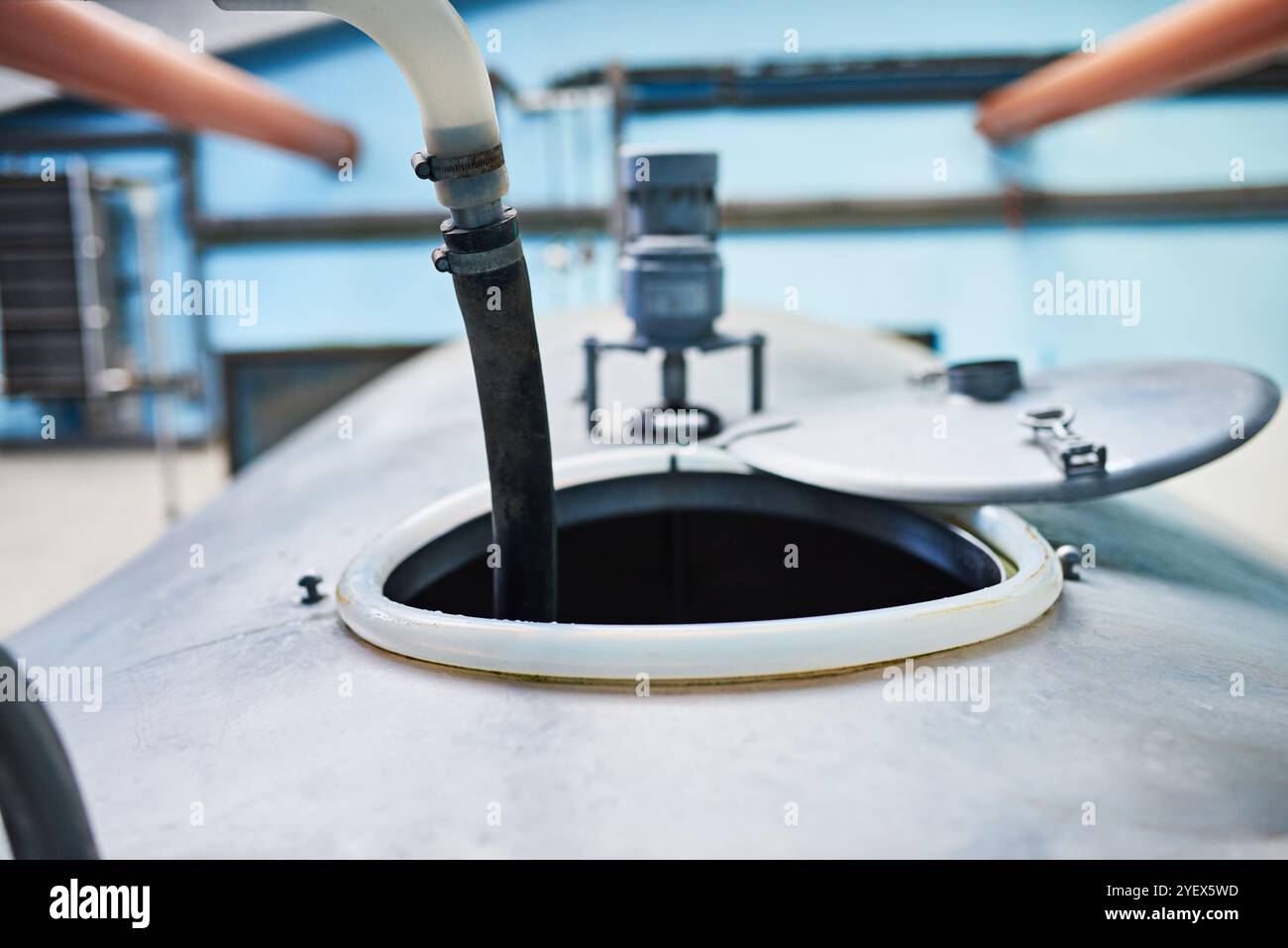 Farming, factory and machine in warehouse for milk production ...