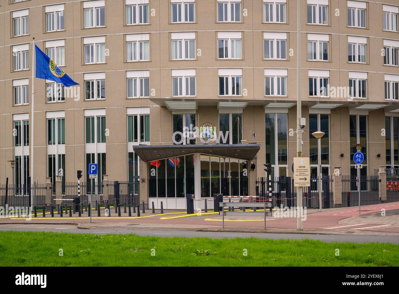 Close-up of the main entrance of the OPCW (Organisation for the ...