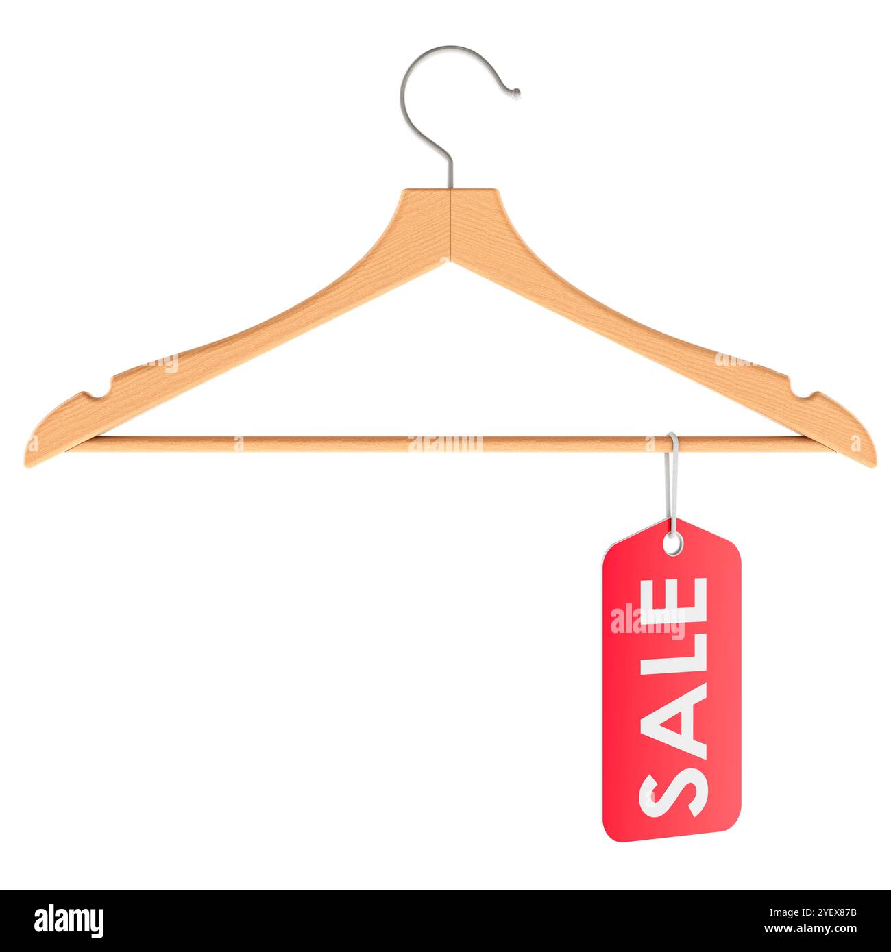Wooden hanger with red sale tag, 3D rendering isolated on white ...