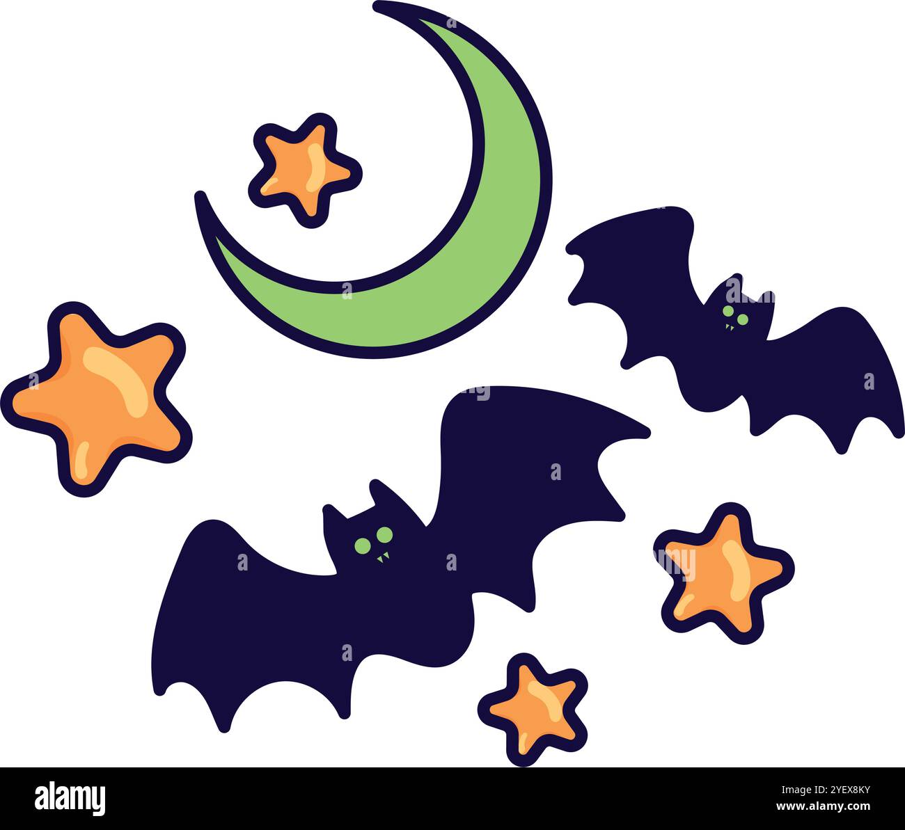 Halloween bats, crescent moon, and stars, spooky night Vector Stock ...