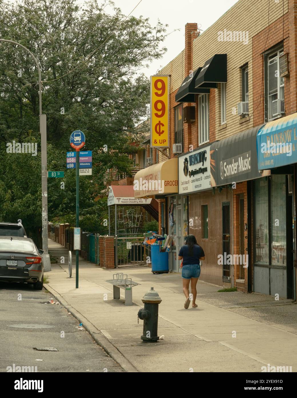 A street scene in Elmhurst, Queens, New York, featuring a 99¢ store and ...