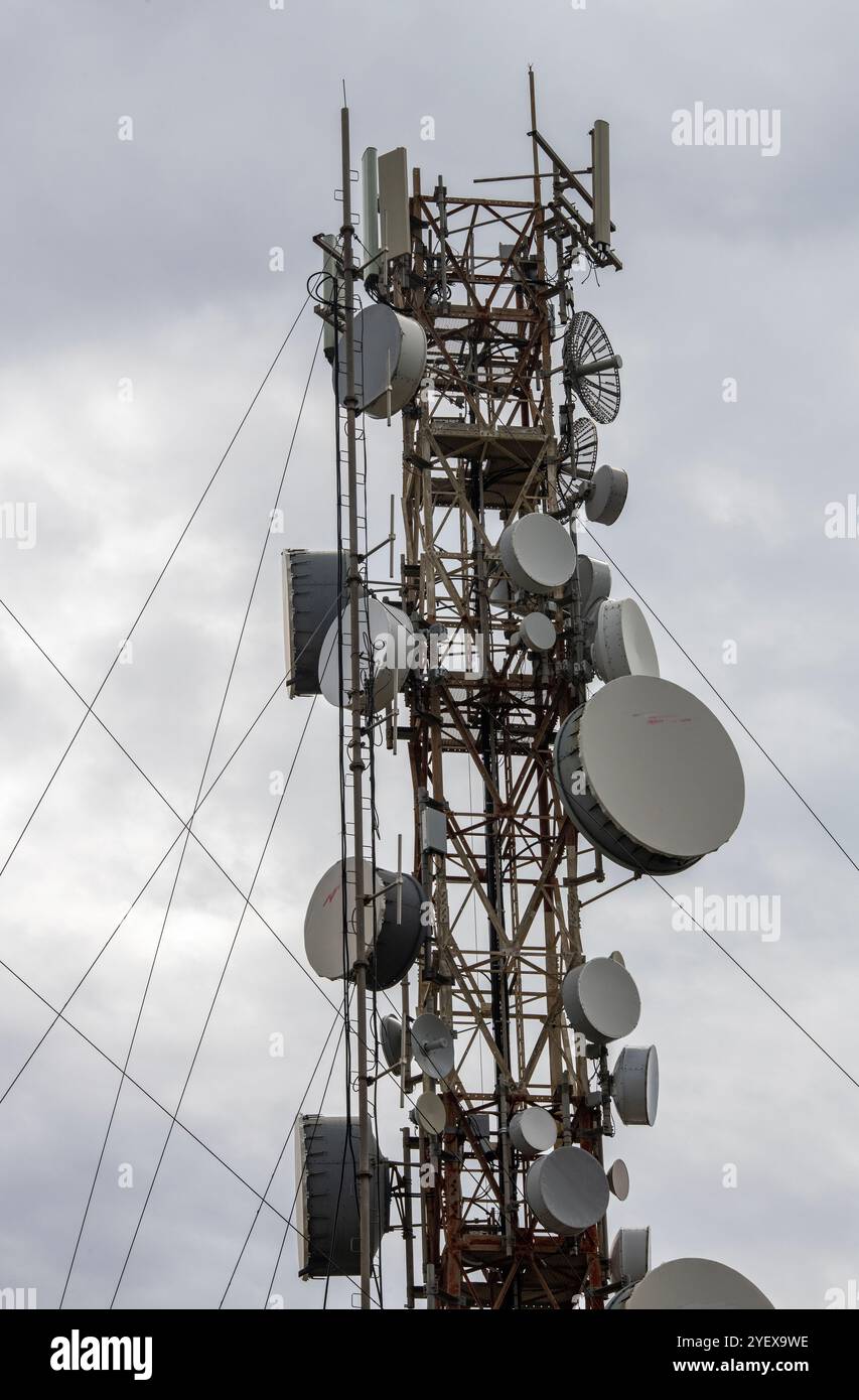 large communications mast or tower with microwave dishes and site-sharers aerials at different ...