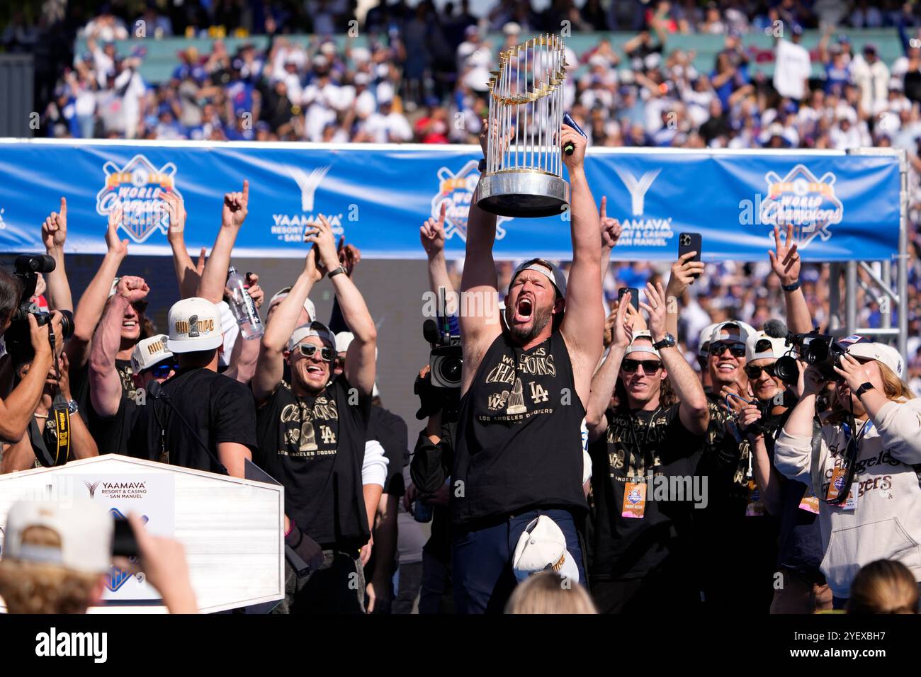 Los Angeles Dodgers pitcher Clayton Kershaw hold the World Series ...